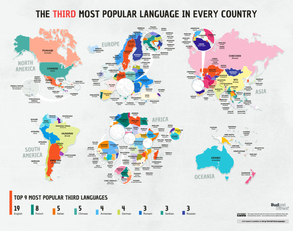 World Map_THIRD most popular language in every country - The Gate