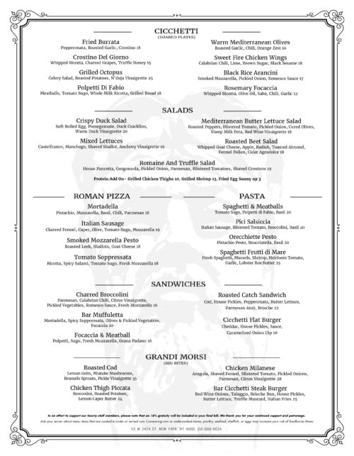 Bar Cicchetti Lunch Menu - The Gate