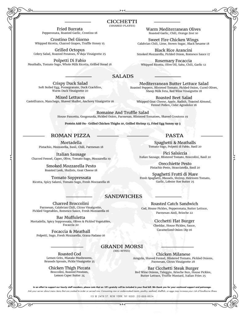 Bar Cicchetti Lunch Menu - The Gate